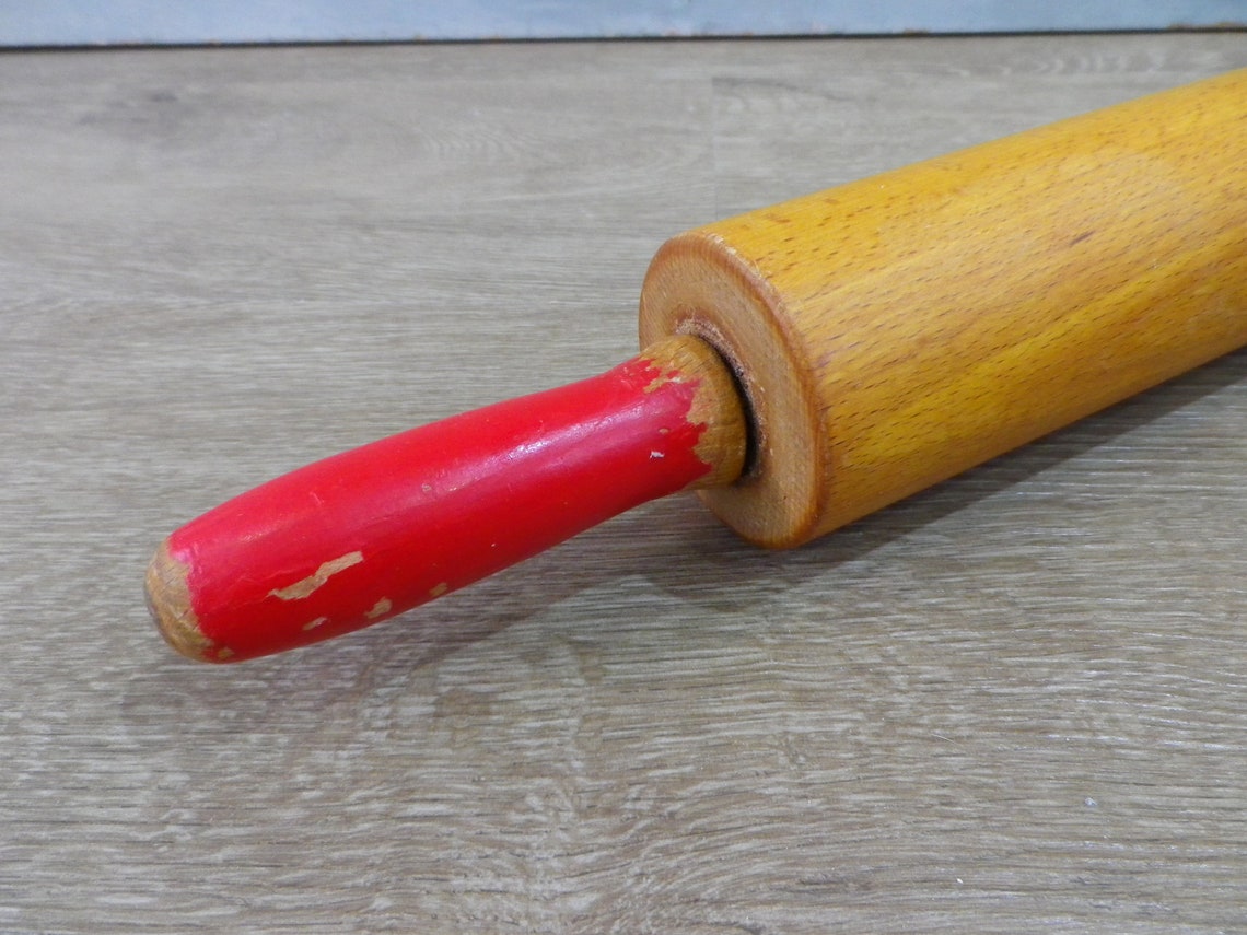 A Vintage Wooden Rolling Pin With Red Handles Chippy Paint | Etsy