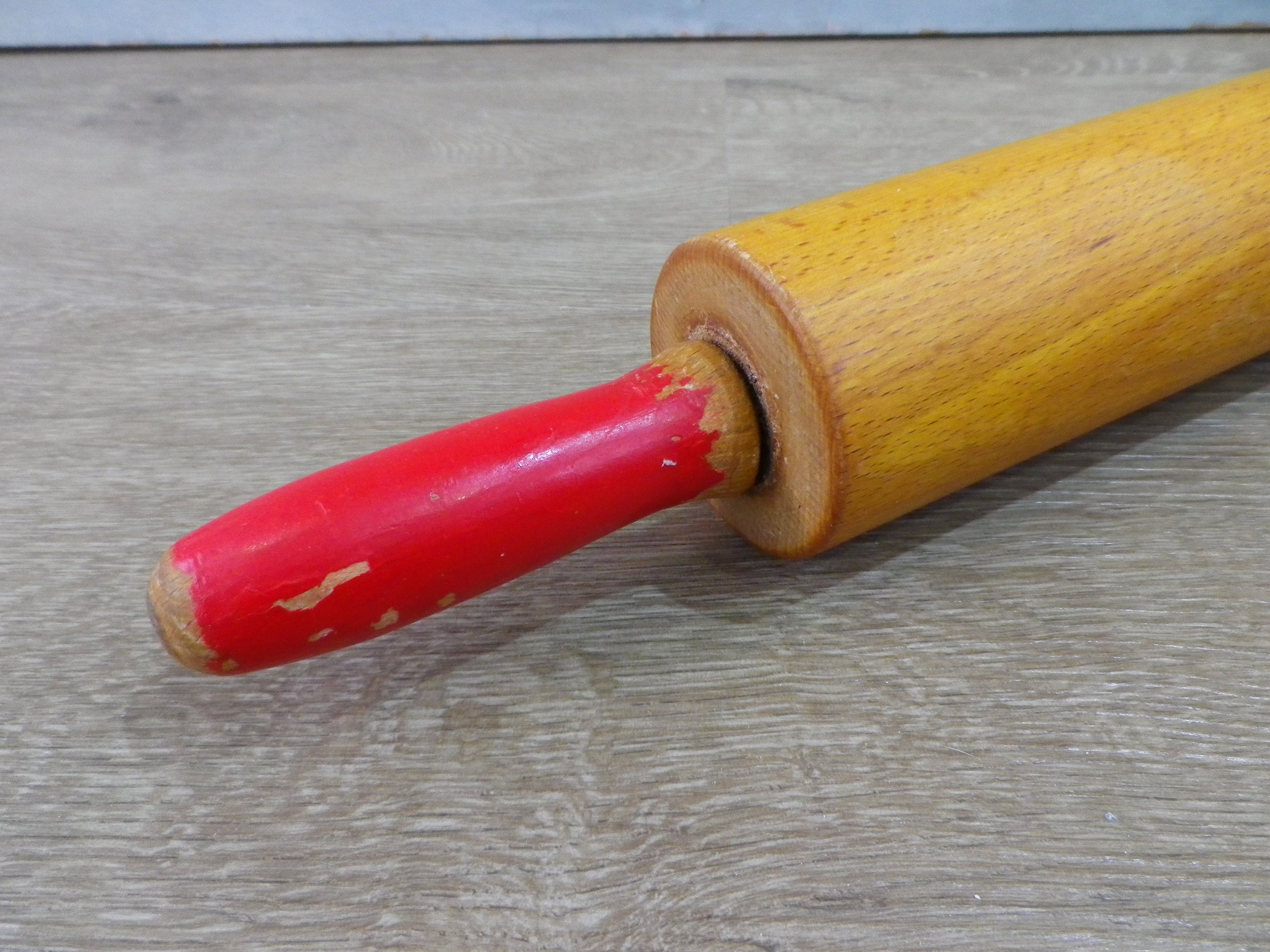 A Vintage Wooden Rolling Pin With Red Handles Chippy Paint - Etsy UK