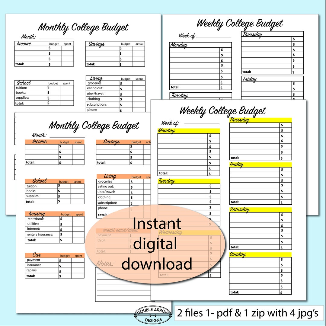 Printable College Budget | Instant Download Pdf Letter Size - Etsy