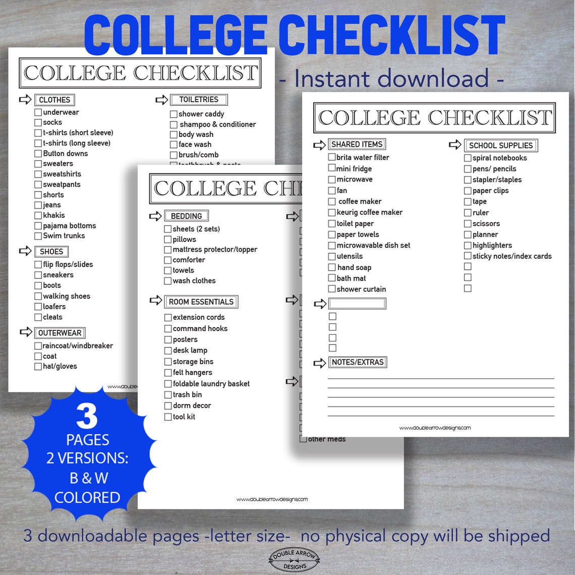 Printable College Checklist Packing List Instant Download Pdf Letter ...