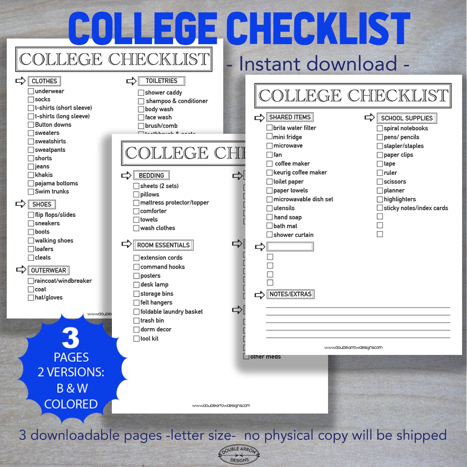 Printable College Checklist Packing List Instant Download Pdf Letter ...