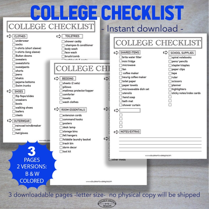 Printable College Checklist Packing List Instant Download Pdf Letter ...