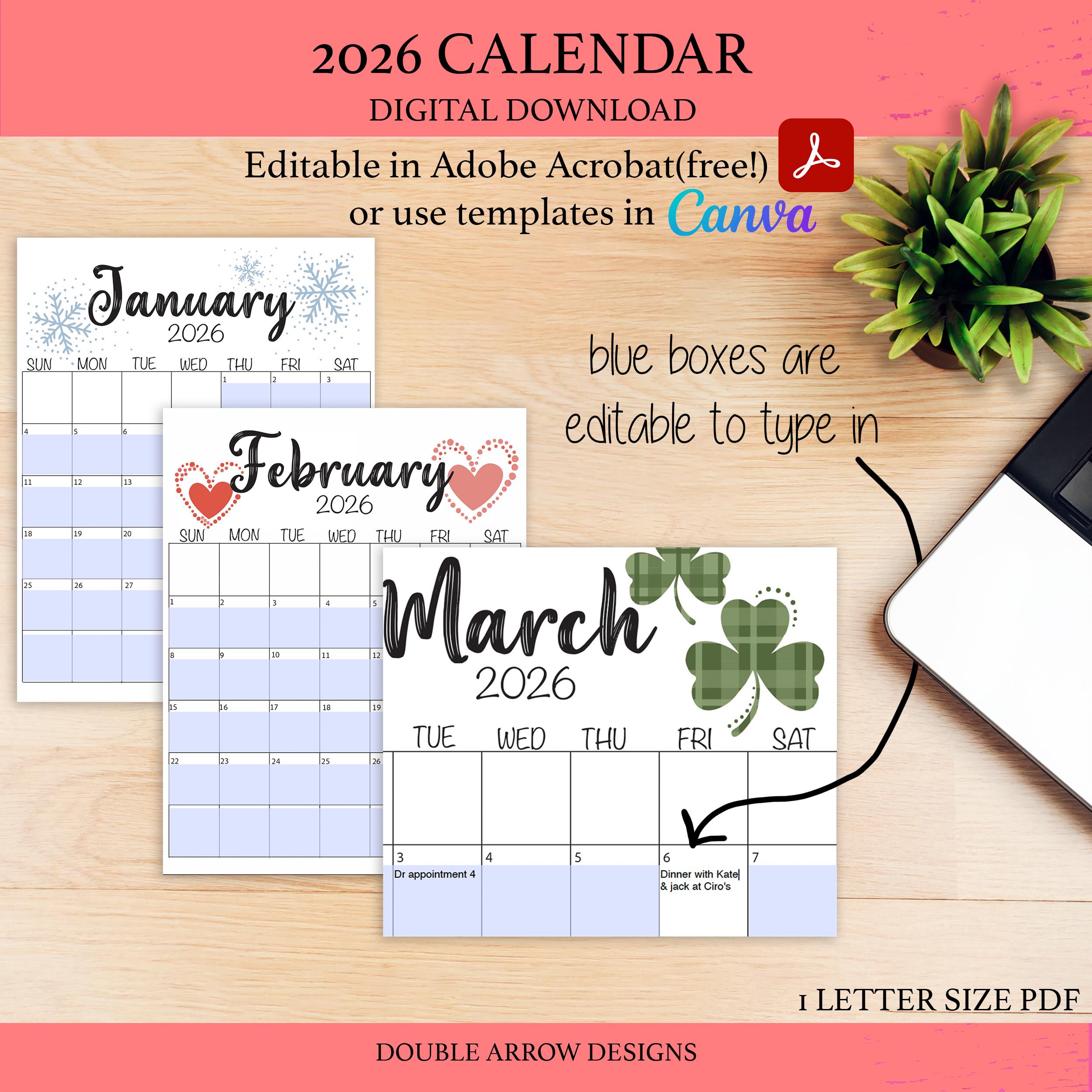 2026 Editable Monthly Calendar Printable: Seasonal Design (letter-size ...