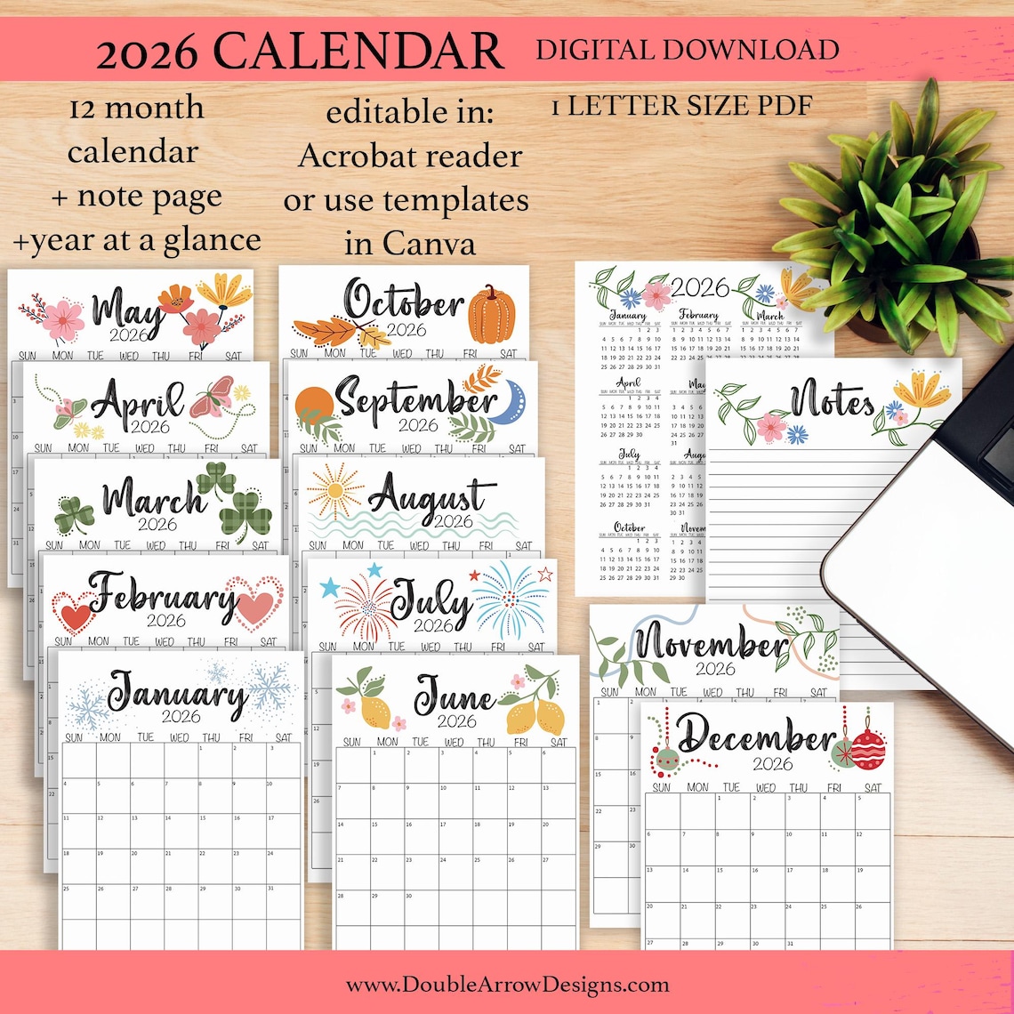 2026 Editable Monthly Calendar Printable: Seasonal Design (letter-size ...