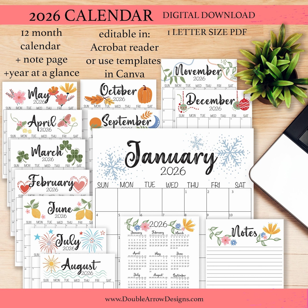 2026 Editable Monthly Calendar Printable: Seasonal Design (letter-size ...