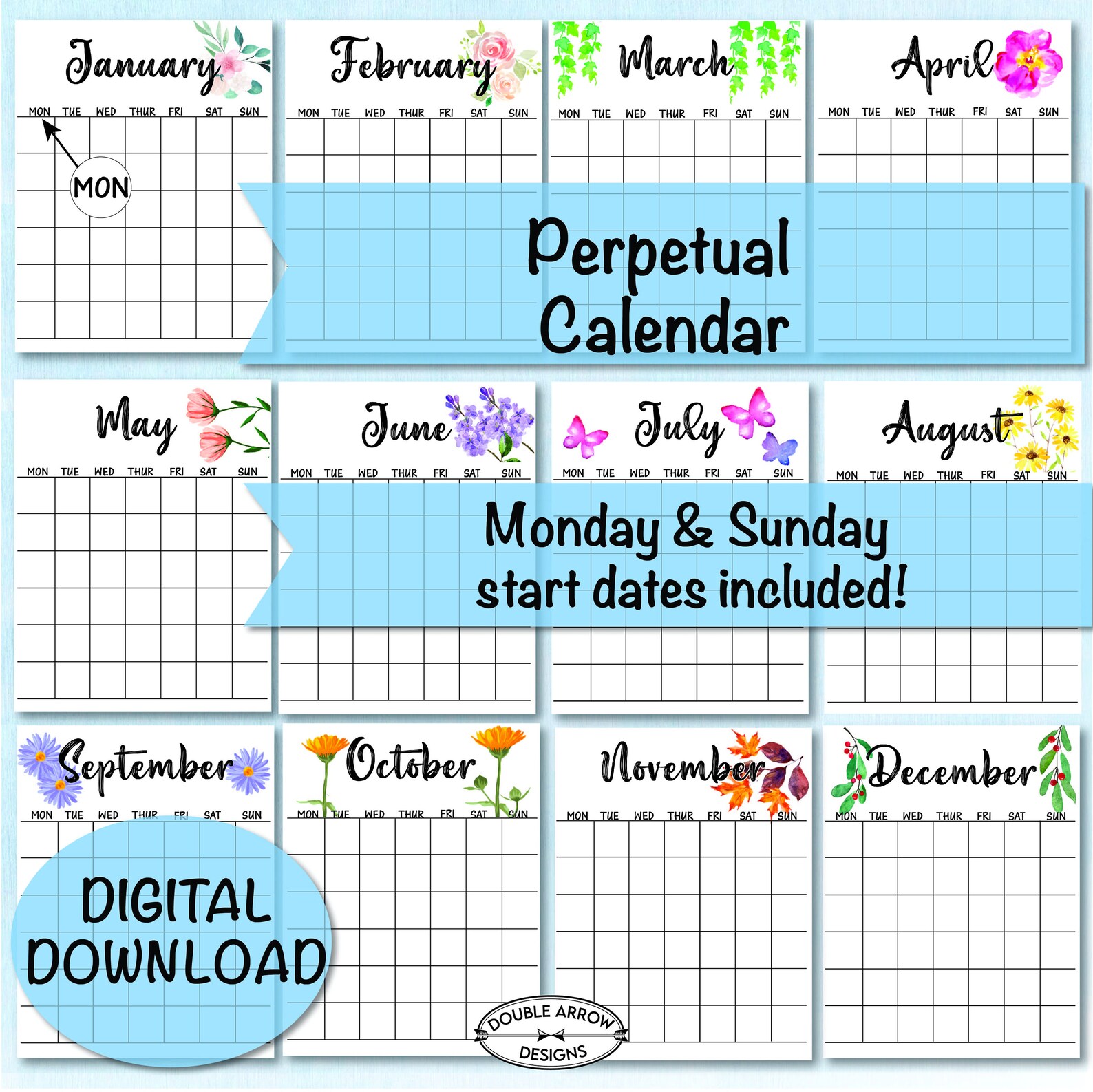 Perpetual Calendar Printable January December Calendar | Etsy