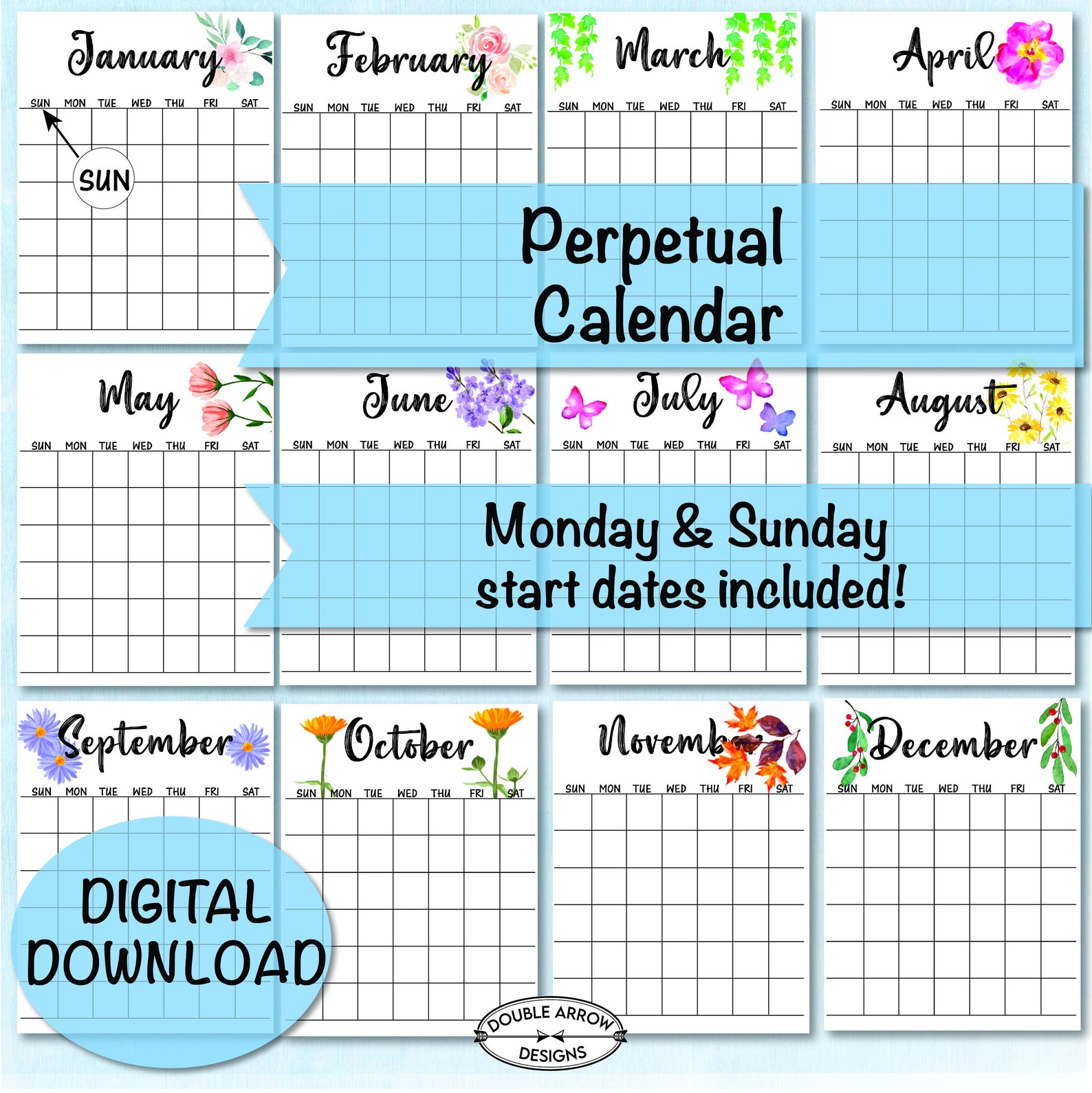Perpetual Calendar Printable January December Calendar Template Sun ...