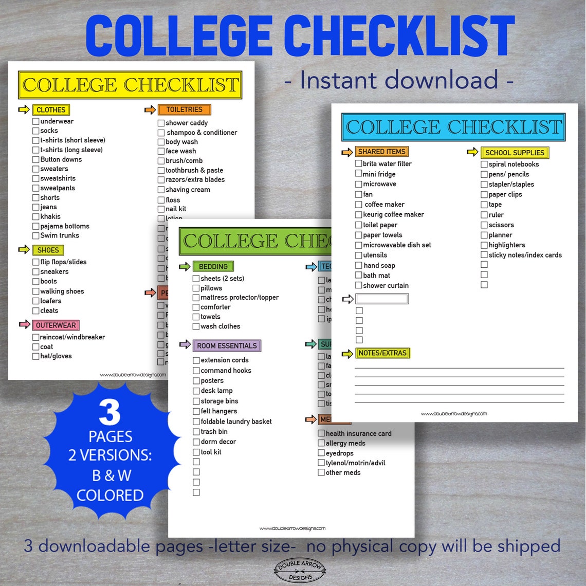 Printable College Checklist Packing List Instant Download Pdf Letter ...