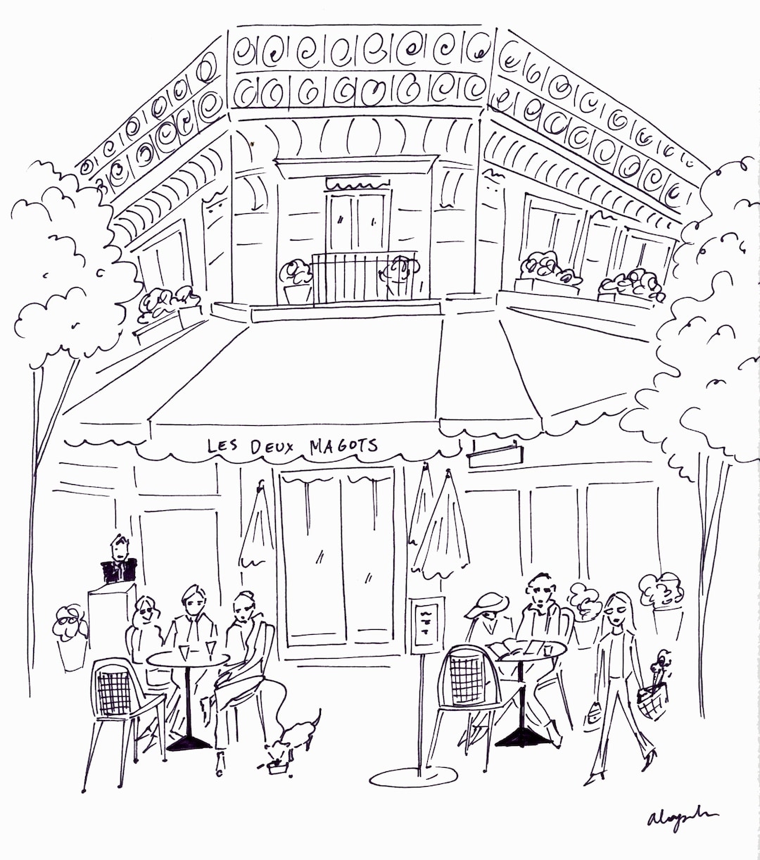 Black Pen Line Art Drawing of Paris Cafe - Les Deux Magots - Etsy