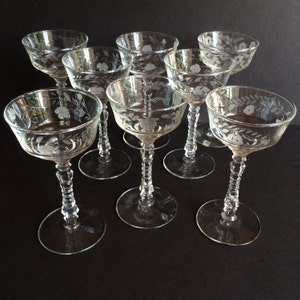 Vintage 1940s Libbey Rock Sharpe Sherbet Glasses. Set of 8 Cut Crystal Floral Pattern Goblets ...