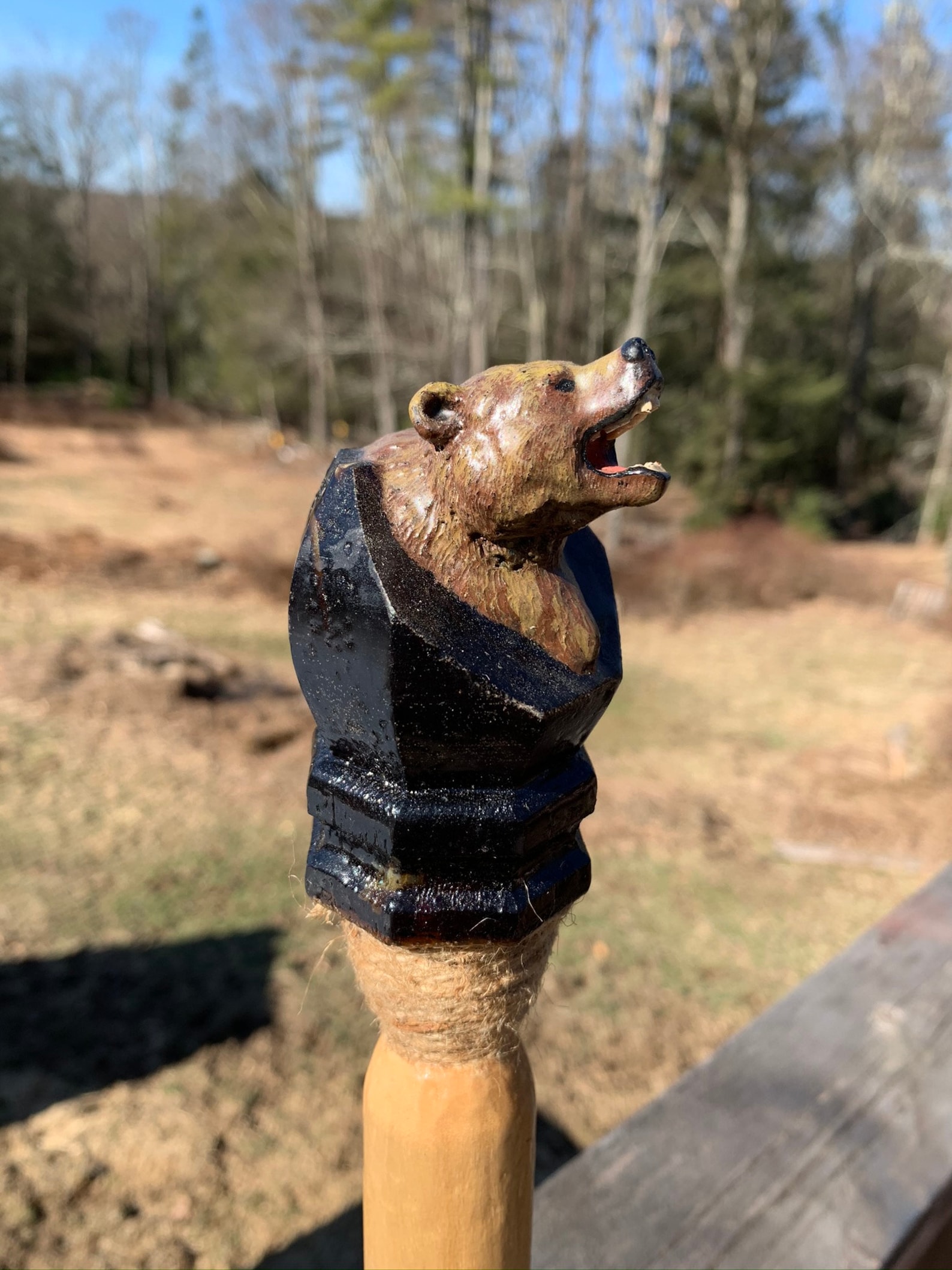 Handmade Grizzly Bear Walking Stick: Carved Poplar Wood, Rustic Hemp - Etsy