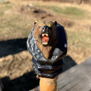 Handmade Grizzly Bear Walking Stick: Carved Poplar Wood, Rustic Hemp - Etsy
