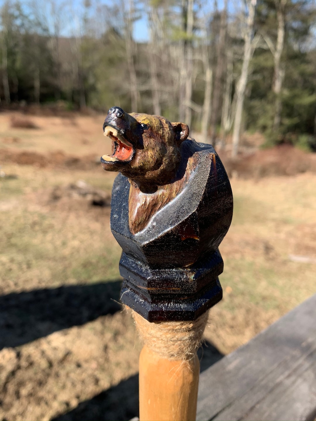 Handmade Grizzly Bear Walking Stick: Carved Poplar Wood, Rustic Hemp - Etsy
