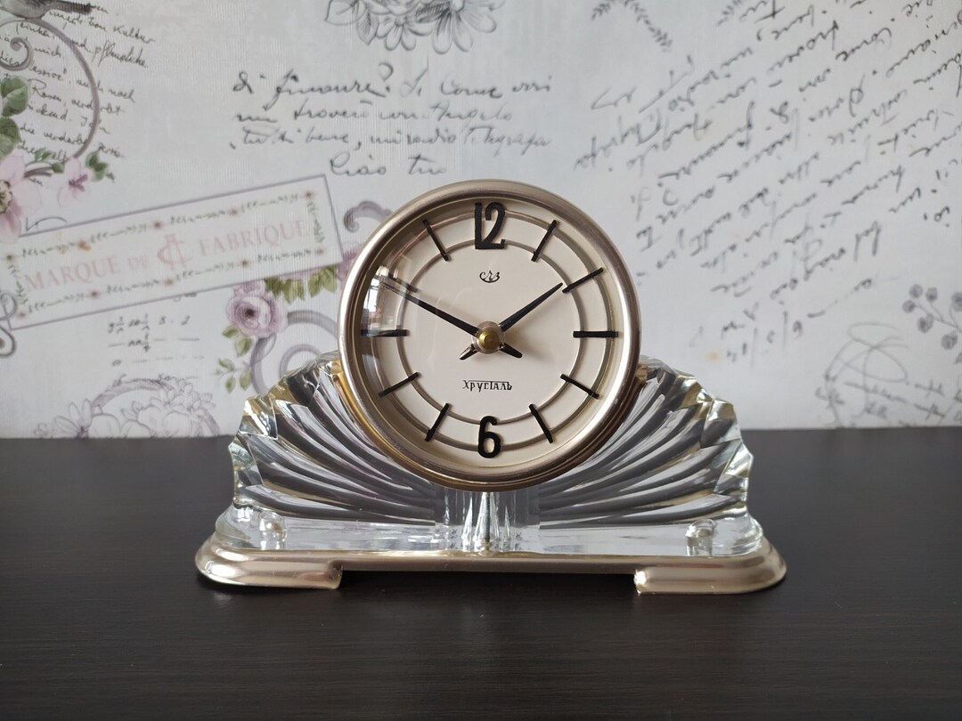 Crystal Clock / Vintage Desk Clock / Mantle Clock / Glass Mechanical ...