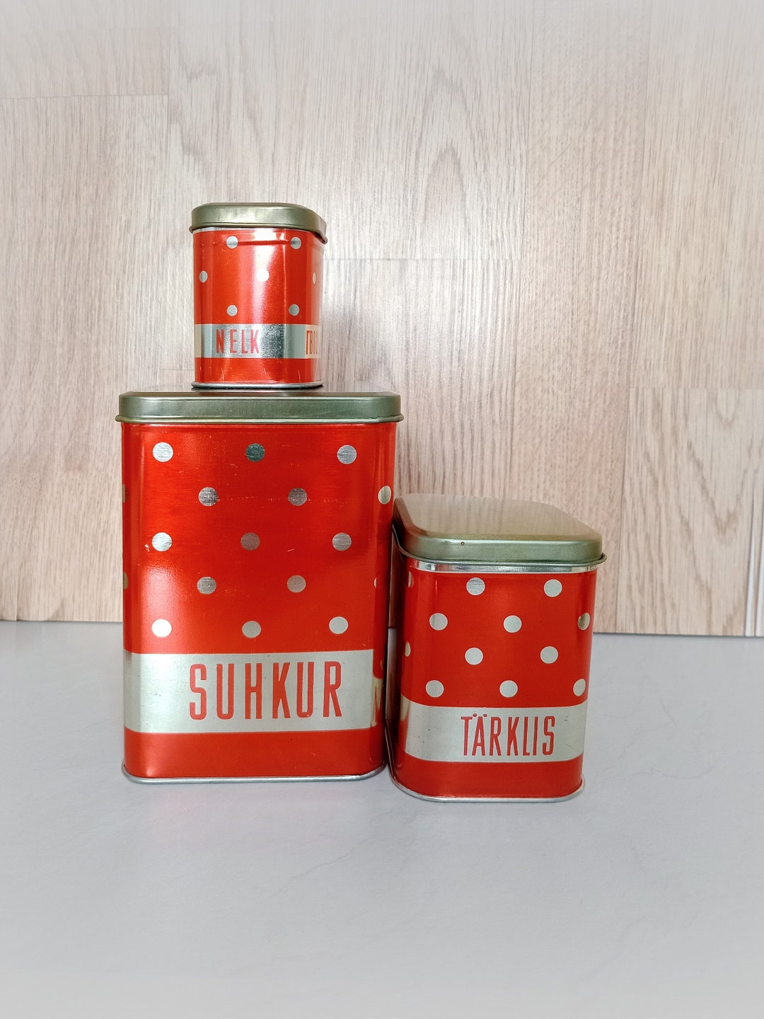 Red Polka Dot Tins / Tin Canister Set of 3 / Retro Tin Set / Kitchen ...