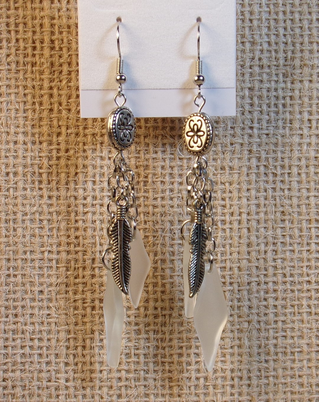 Handmade Dangle Earrings - Tumbled Glass & Feather Charm - Silver Color - #5488 - Etsy