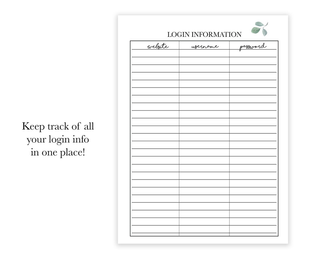 Login Information Sheet // Password Tracker - Etsy