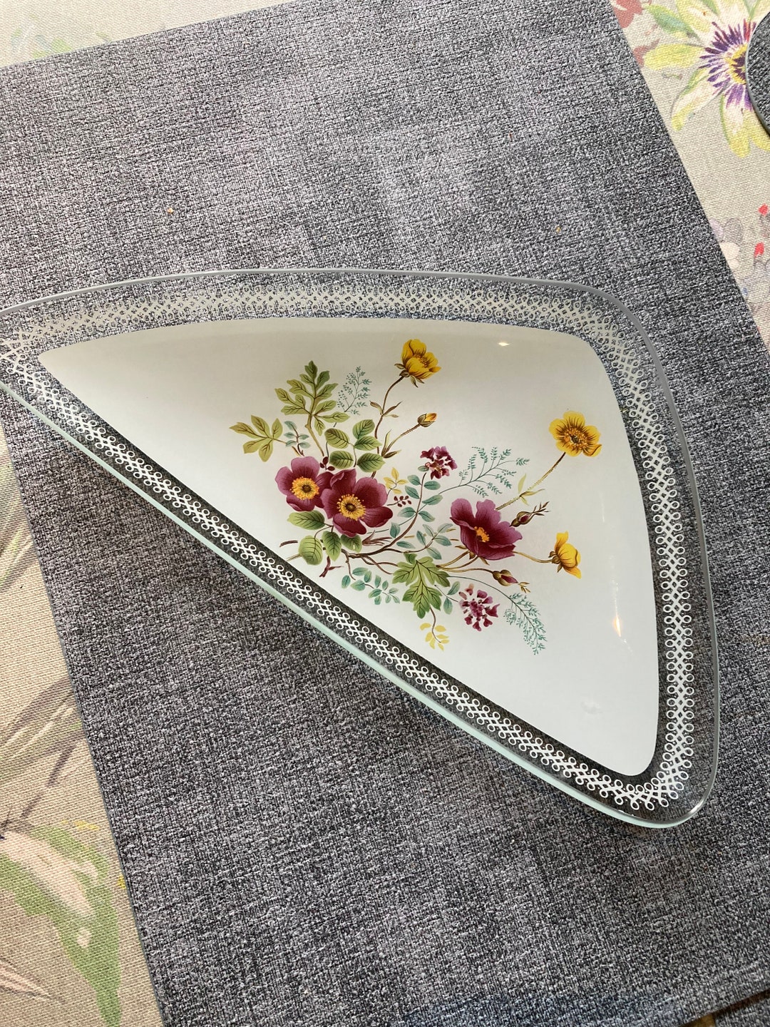 Vintage Chance Glass Triangular Sandwich Plate Platter. Floral Design ...