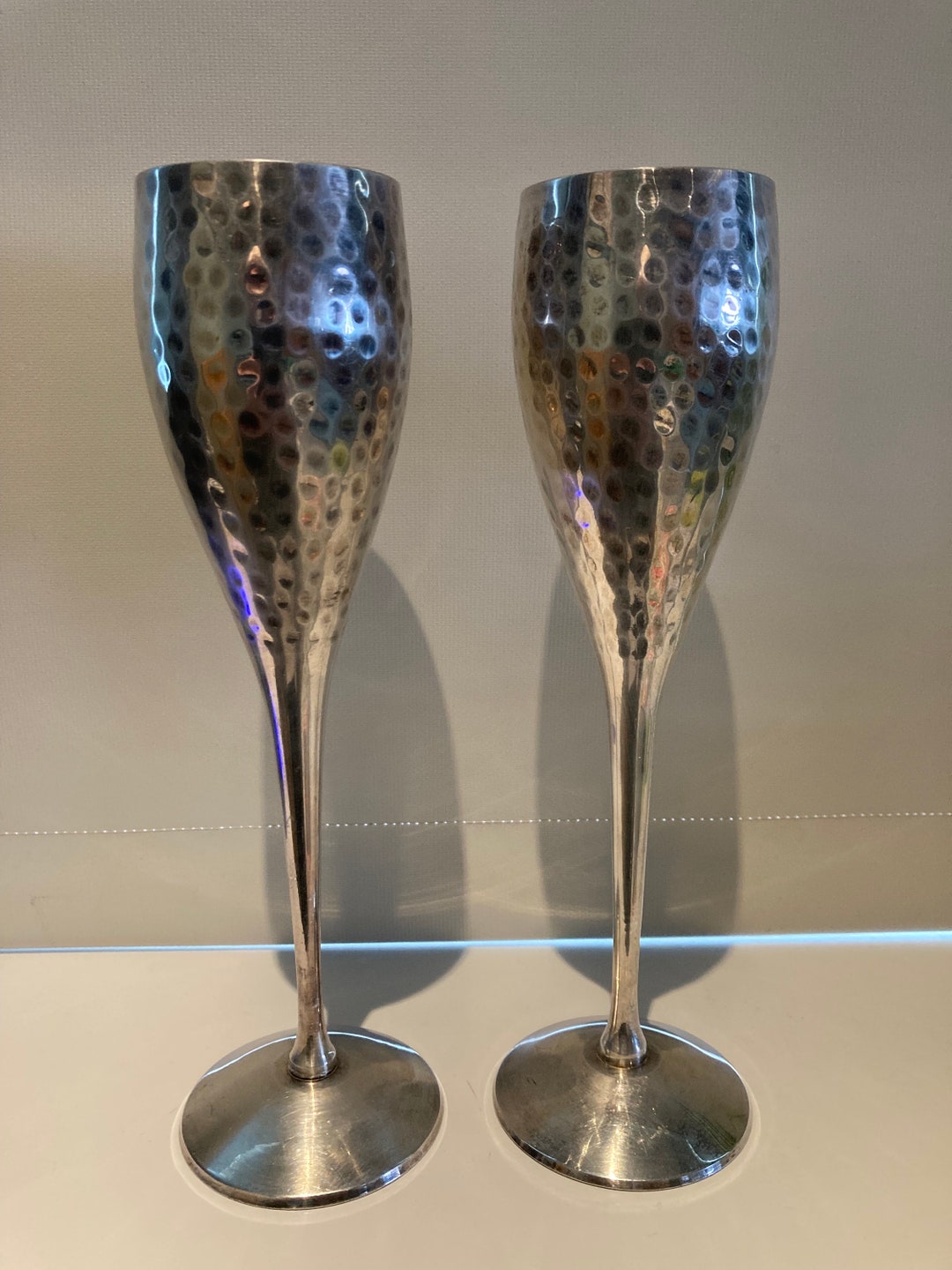 Pair of Hammered Silver Tone Metal Tall Wine Goblets, Glasses ...