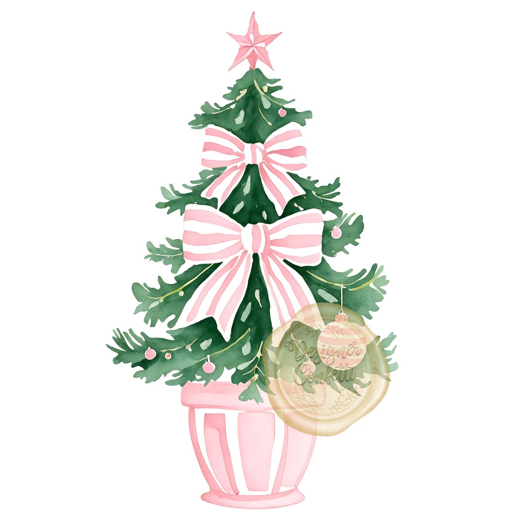 Watercolor Pink Christmas Tree, Preppy Clipart, Holiday Art, Winter ...