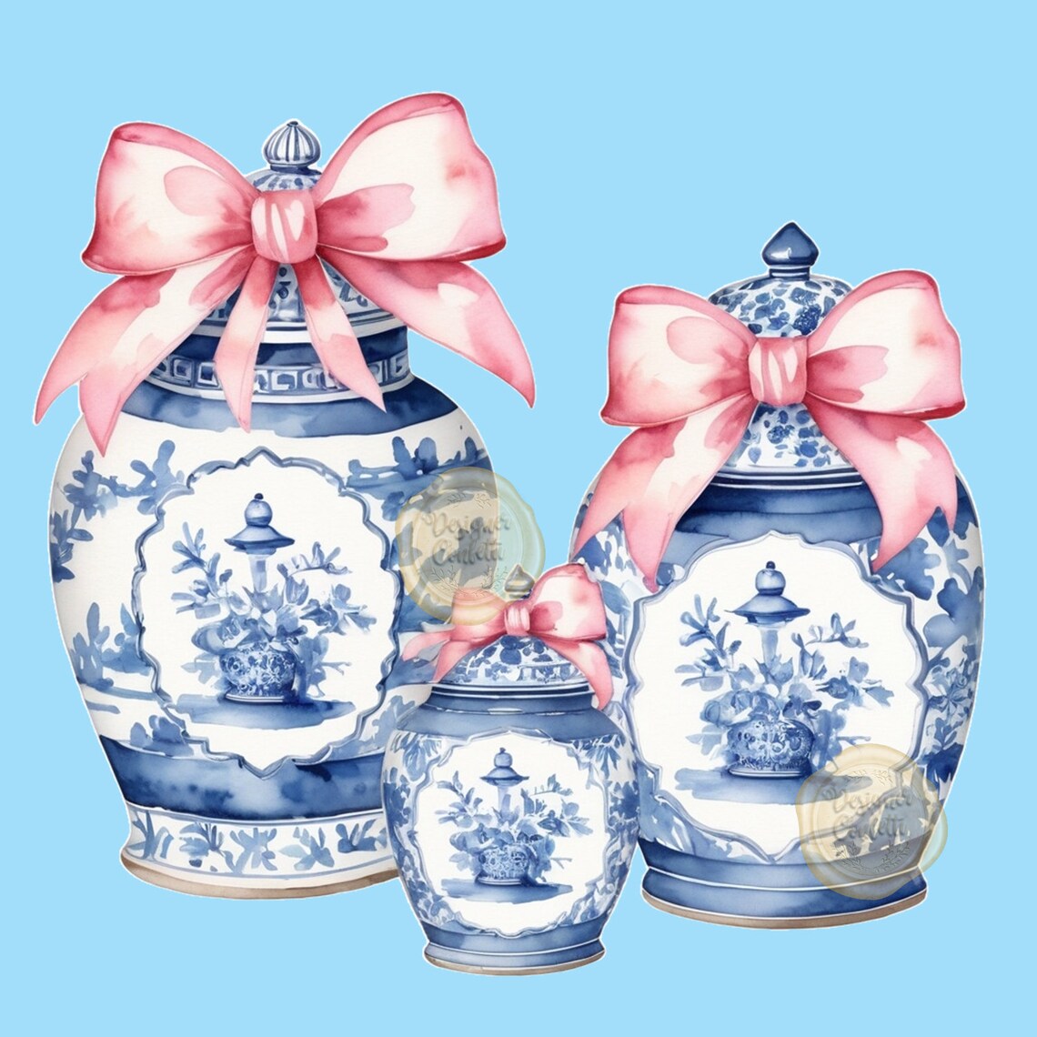 Watercolor Pink and Blue Ginger Jars, Clipart, Preppy, Grand Millennial ...