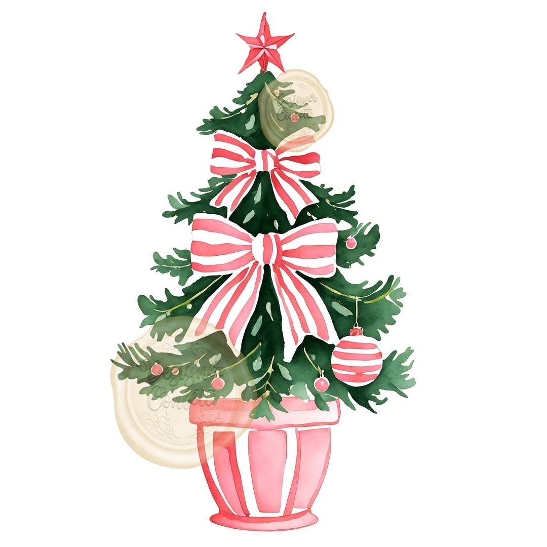 Watercolor Pink Christmas Tree, Preppy Clipart, Holiday Art, Winter ...