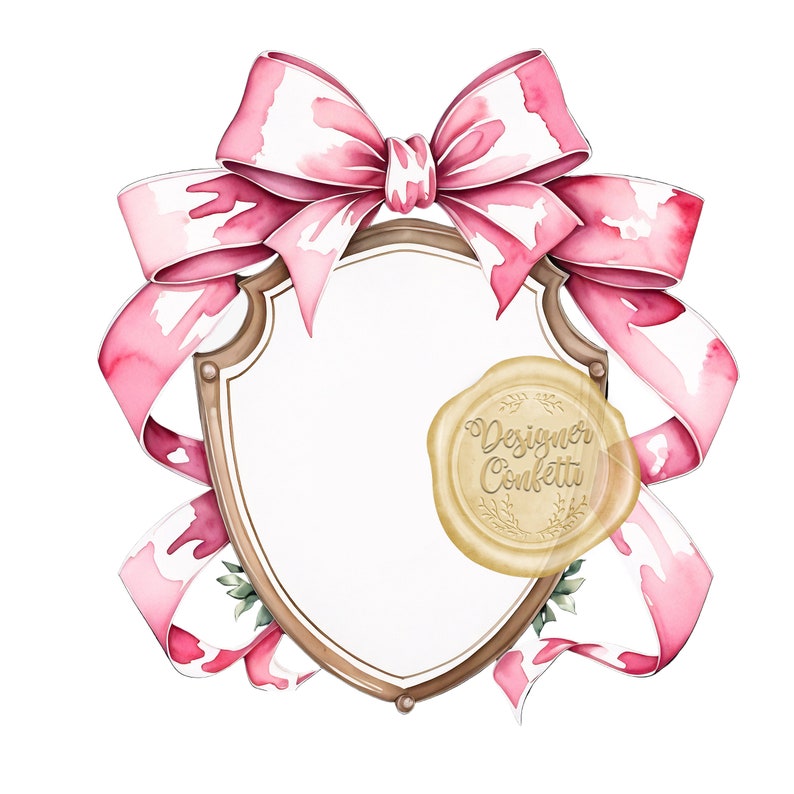 Watercolor Digital Pink Crest Clipart, Ribbon, Bow Family Shield ...