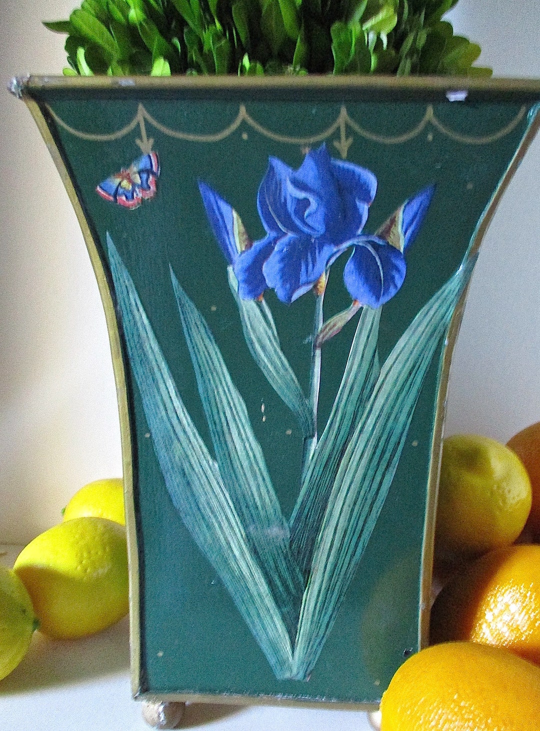Toleware Vintage Decorative Cachepot/planter Hand Painted Iris Floral ...