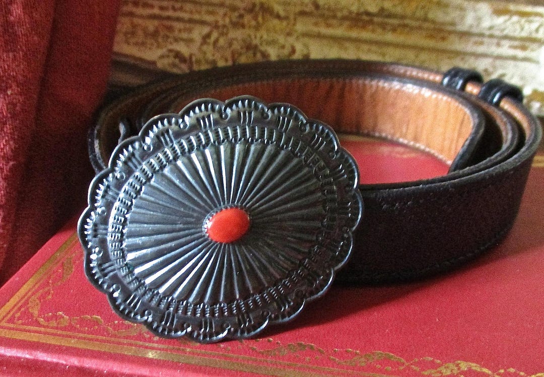 Silver Belt Buckle Diamond Eye Concho With Coral Stone Stamped RDM ...