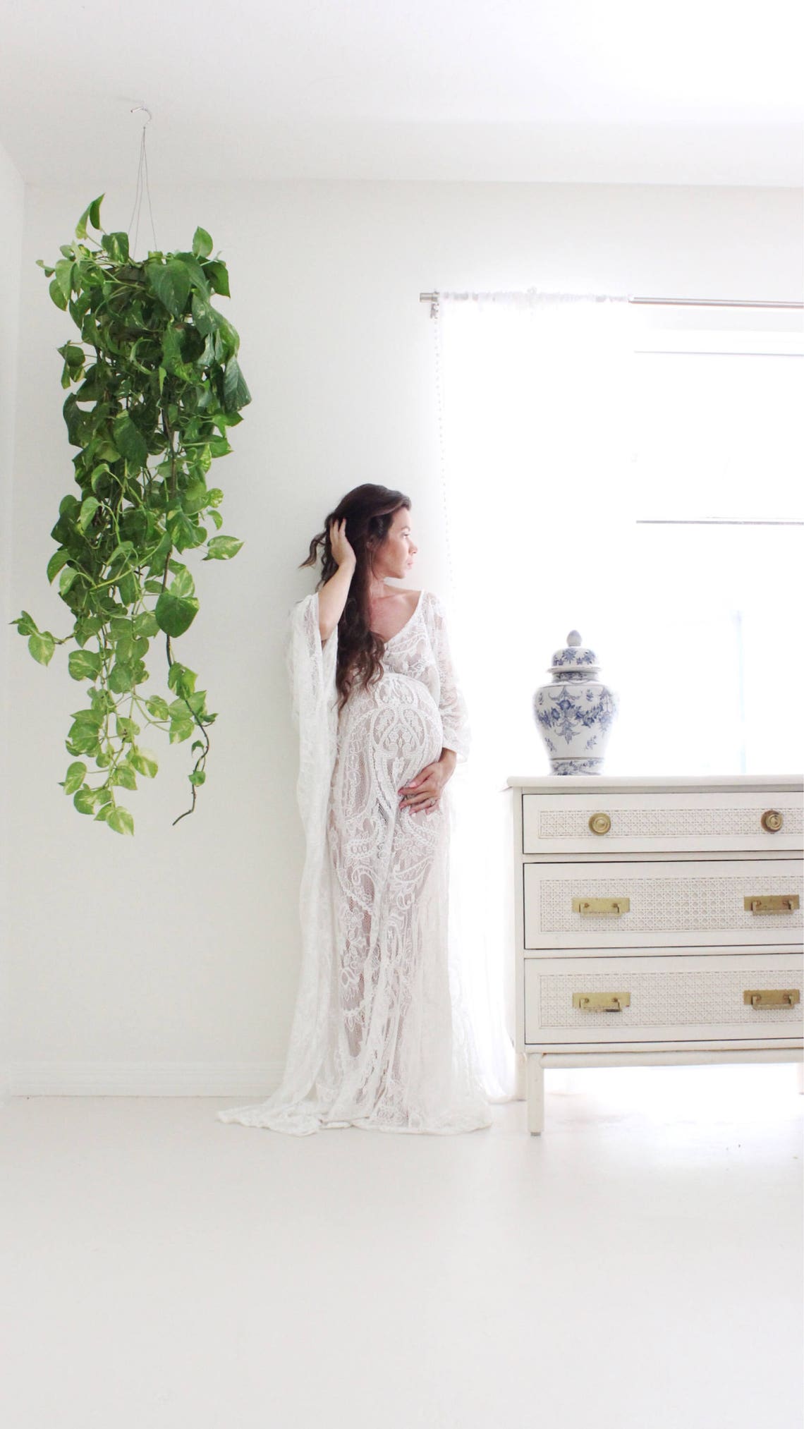 Maternity gown elegant bohemian sheer lace maternity kaftan | Etsy