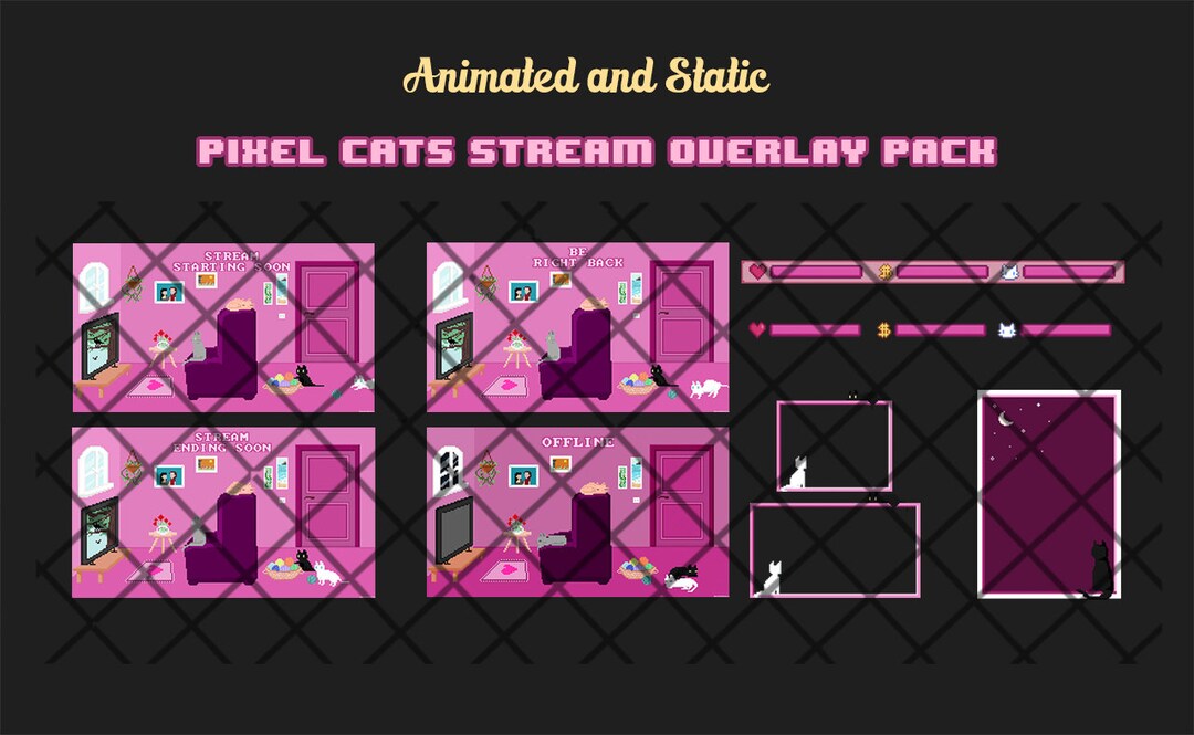 Retro Pixel Cats House Twitch Overlay Set - Animated Starting, Ending ...