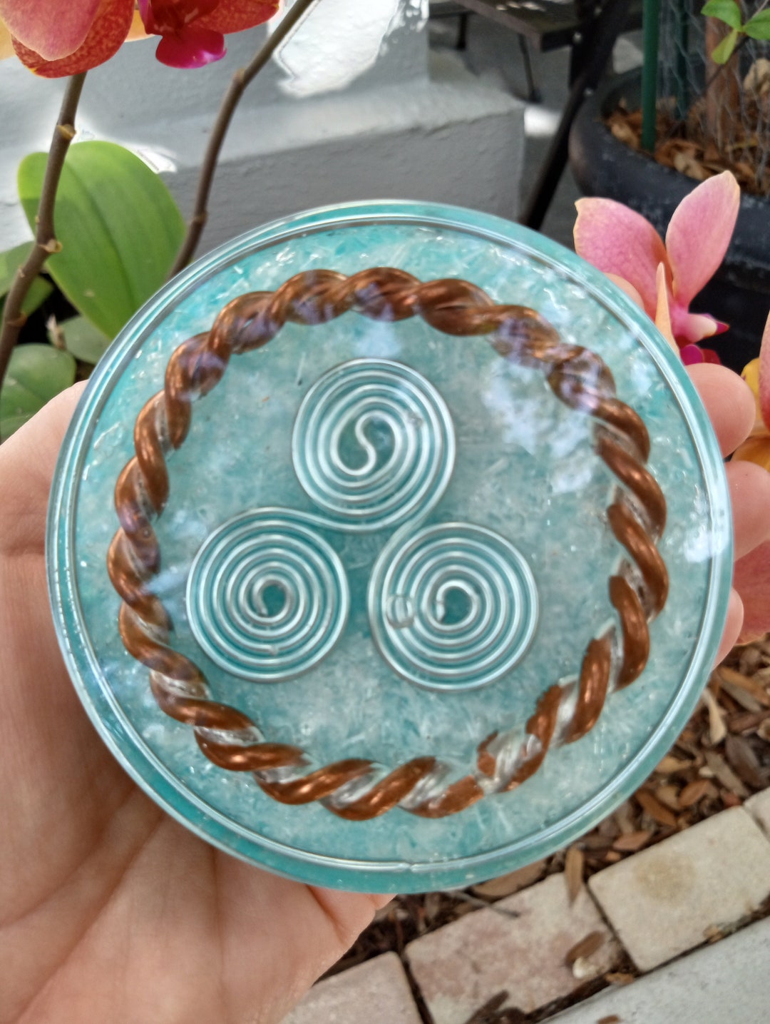 Blue Orgone Double Triskelion Disc, Selenite, EMF Protection, Reiki ...