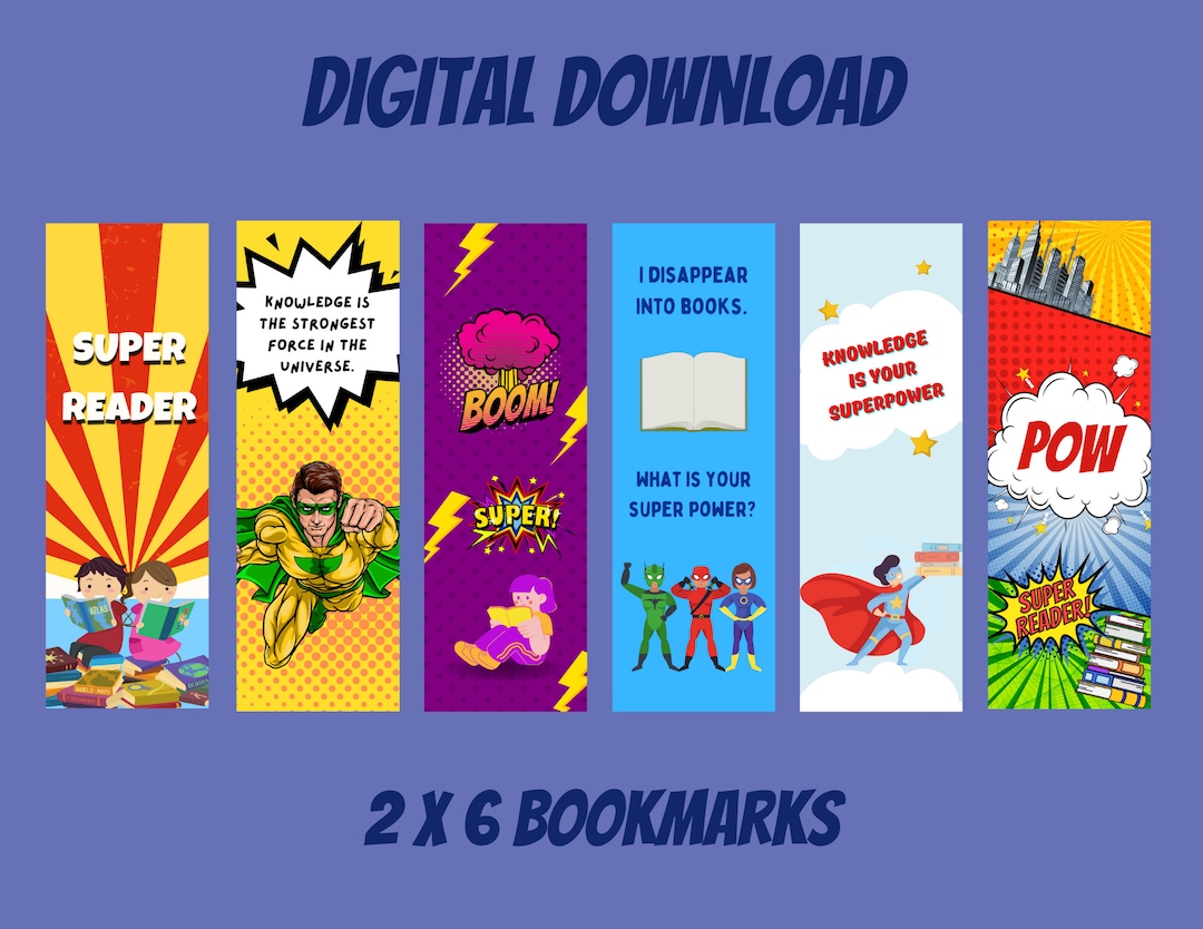 Superhero Bookmarks Set Epic Awesome Set of 6 Digital Prints Cool ...