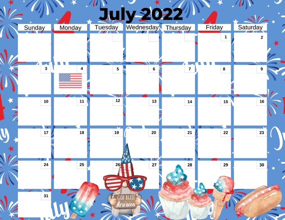 Cute July Calendar 2022