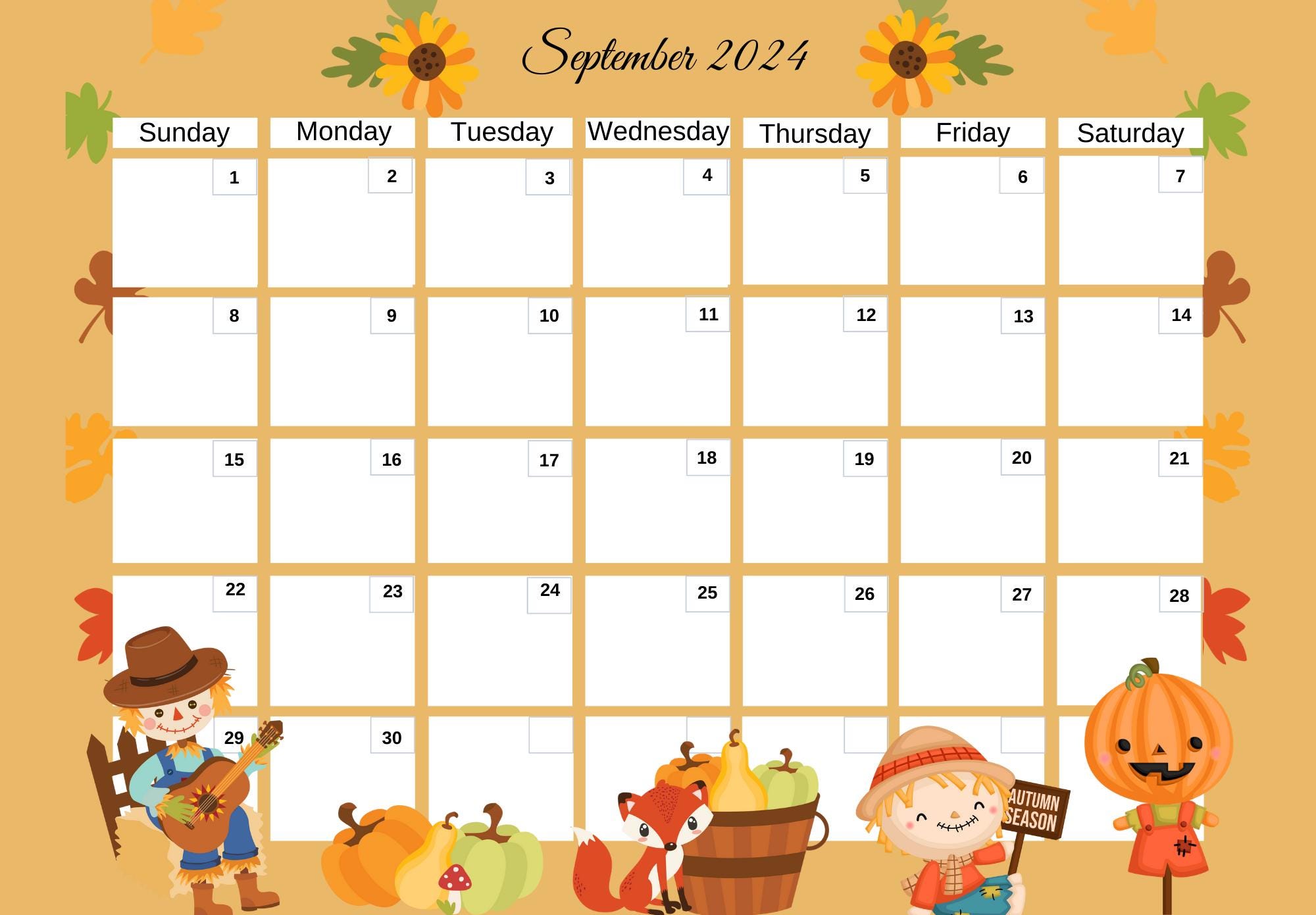 September 2024 Calendar, Fall 2024, Scarecrow, Pumpkin, Squash, Autumn ...