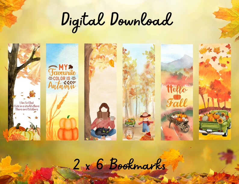 Fall Autumn Bookmarks Set Adorable Cute Set of 6 Digital Prints Sweet ...