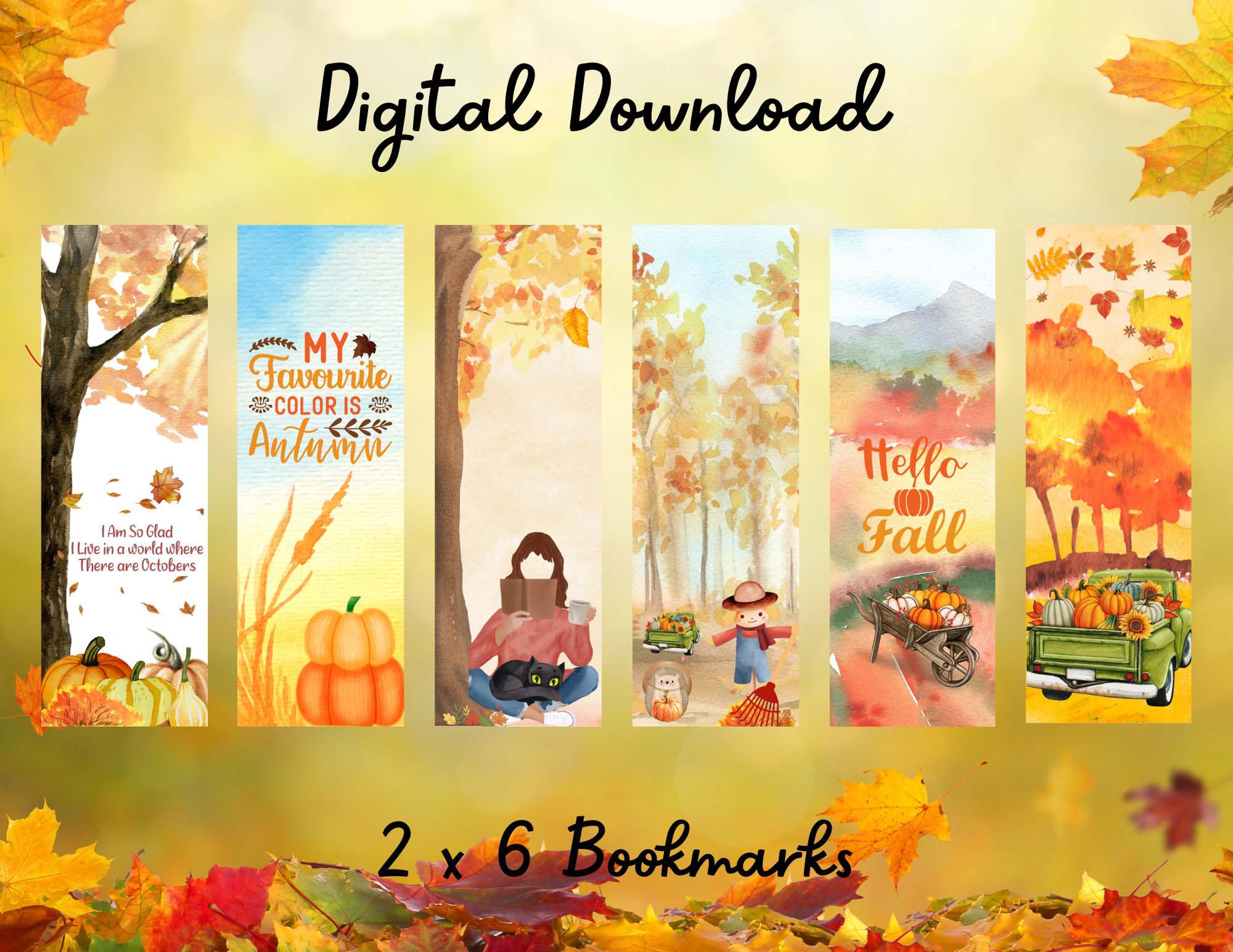 Fall Autumn Bookmarks Set Adorable Cute Set of 6 Digital Prints Sweet ...