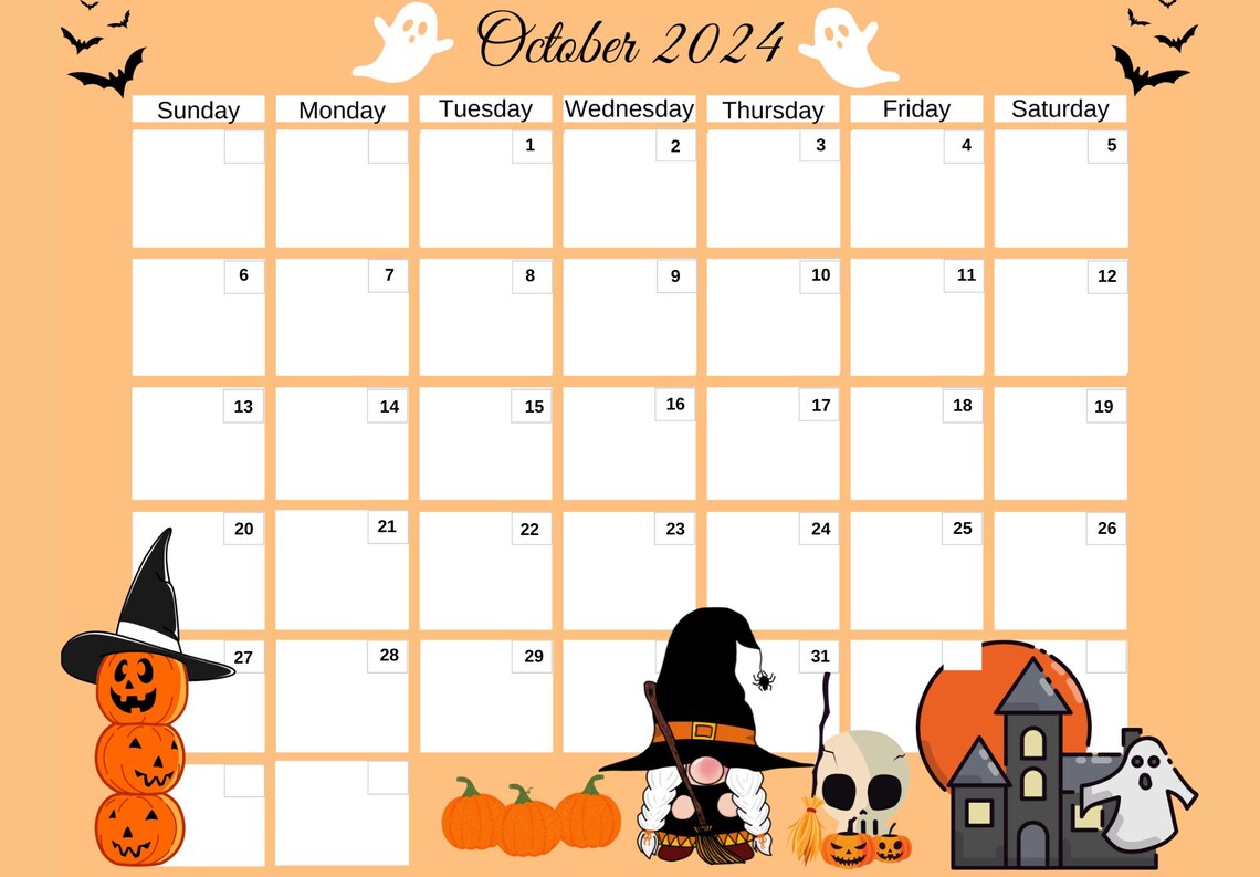 October 2024 Calendar, Fall 2024, Halloween, Witches, Gnomes, Pumpkins ...