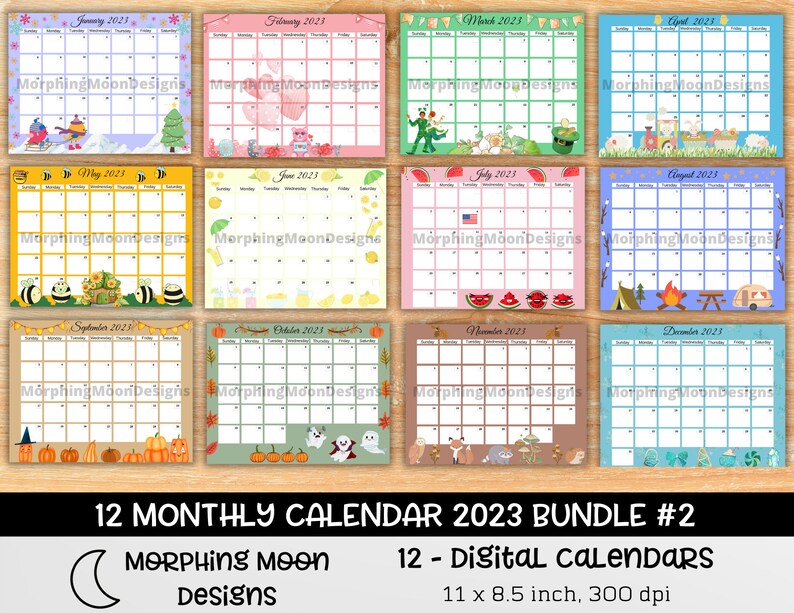 12 Monthly Calendars Bundle 2, Spring Summer Fall Winter Calendars ...