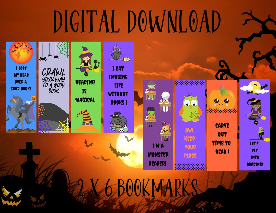 Halloween Bookmarks, Cute Pumpkin Cats Witch Headless Horseman Reading ...