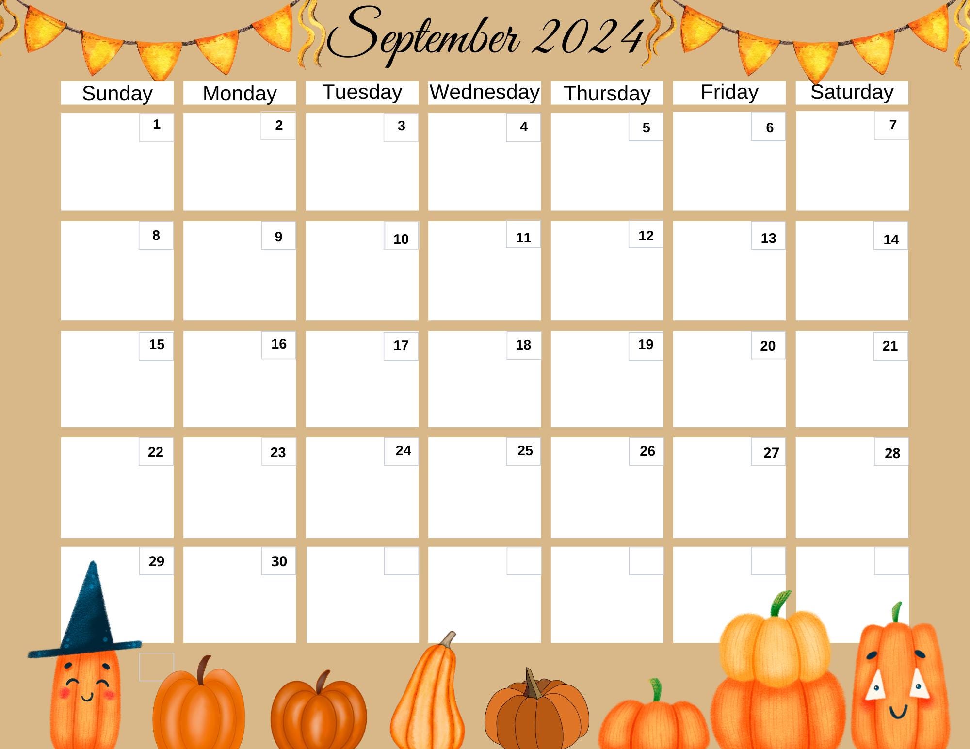 September 2024 Calendar, Fall 2024, Squash, Pumpkins, Autumn, Festive ...