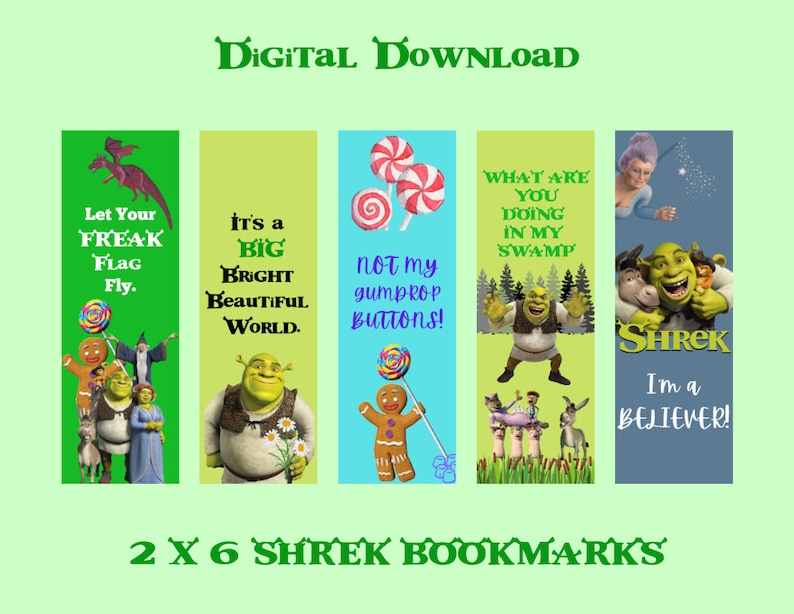 Shrek Bookmarks Set Donkey Fiona Fairy Godmother Gingy Set of 5 Digital ...