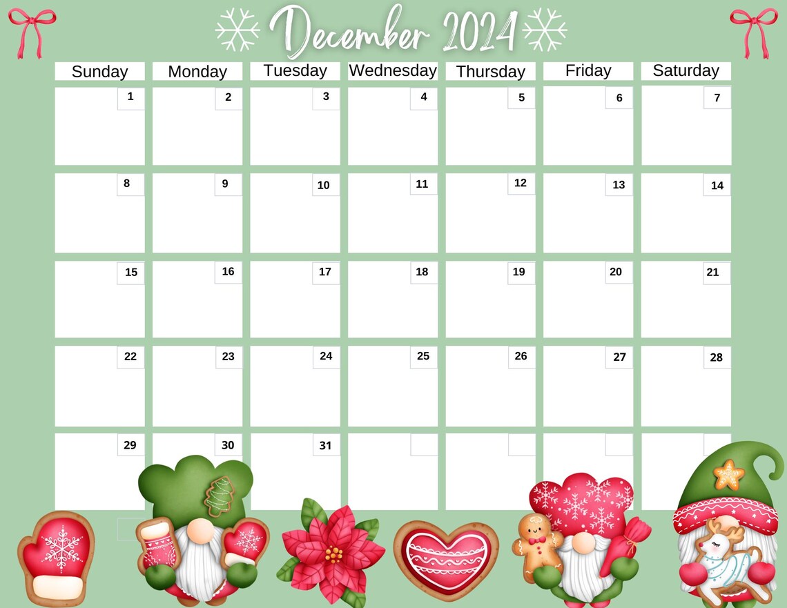 December 2024 Calendar, Winter 2024, Christmas Xmas Gnome Cookies ...