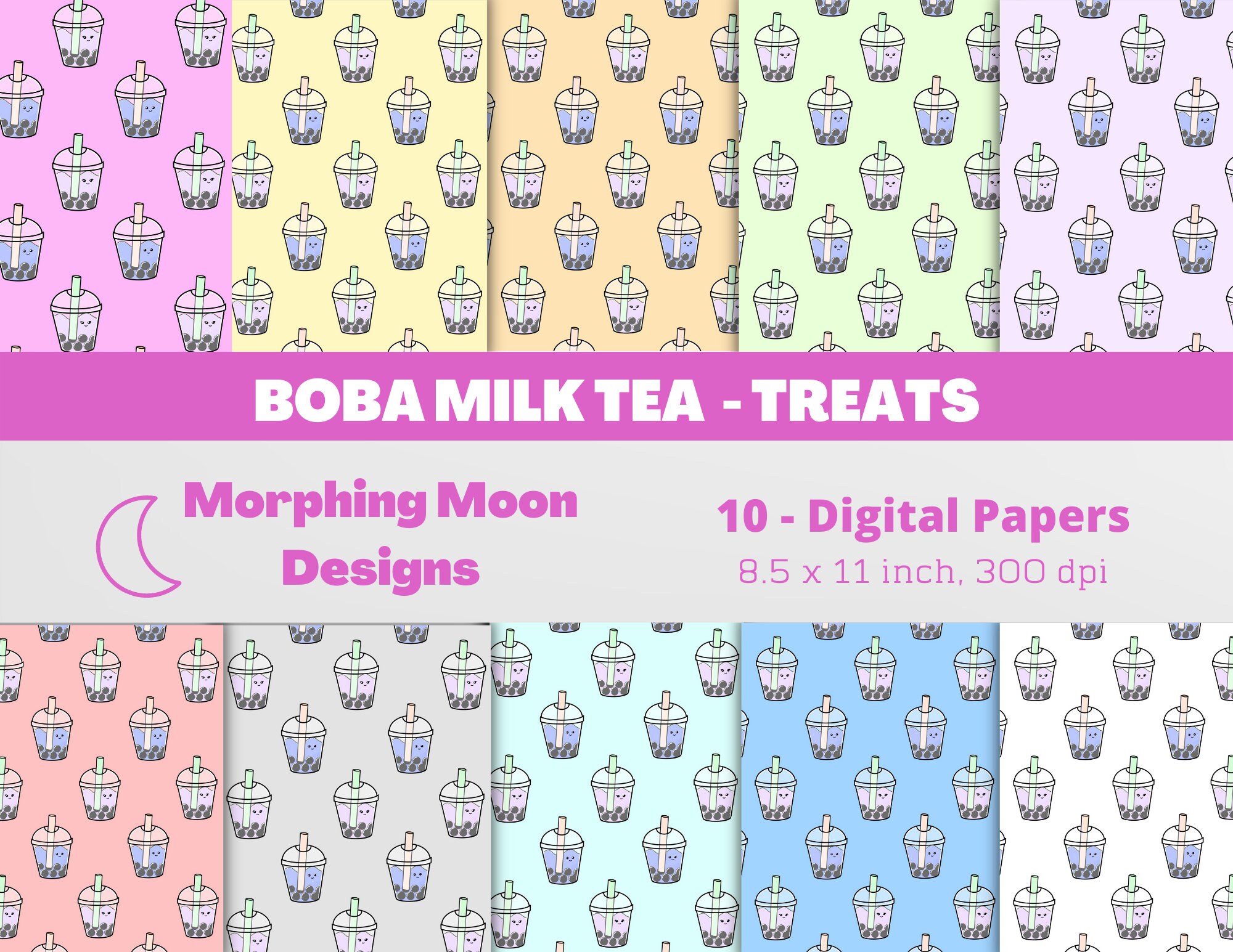 Set of 10 Digital Paper Boba Milk Tea Treats Adorable Cute Craft ...