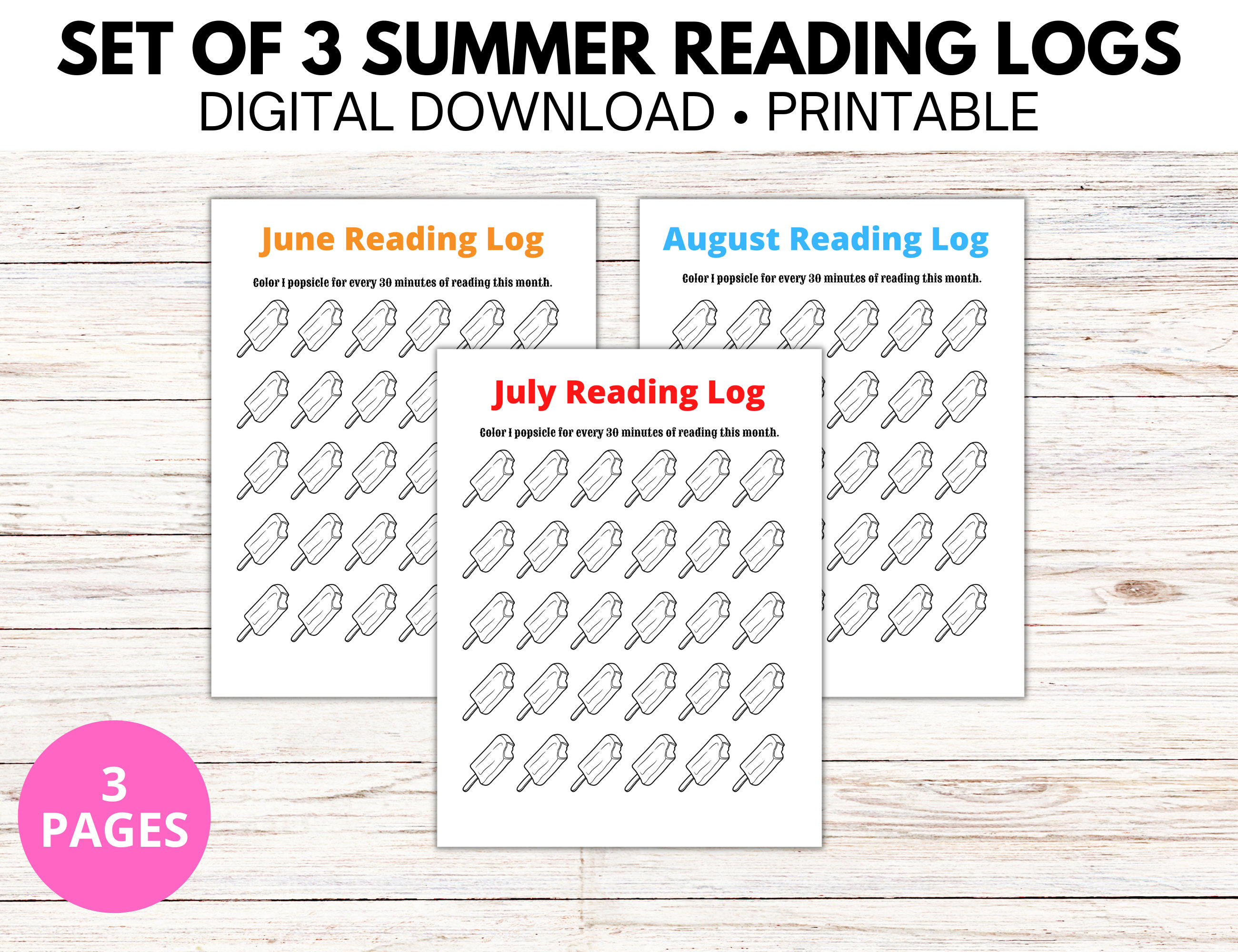 Summer Reading Logs Set of 3 June July August Popsicles Reading Logs ...
