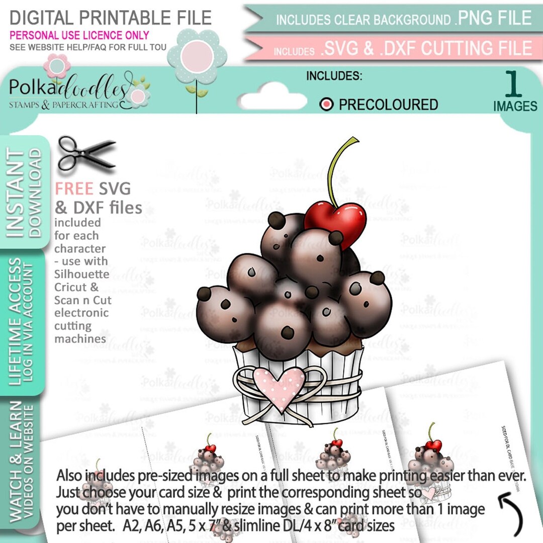 Cherry Chocolate Cream Cupcake (precoloured) - Cute Digital Stamp ...