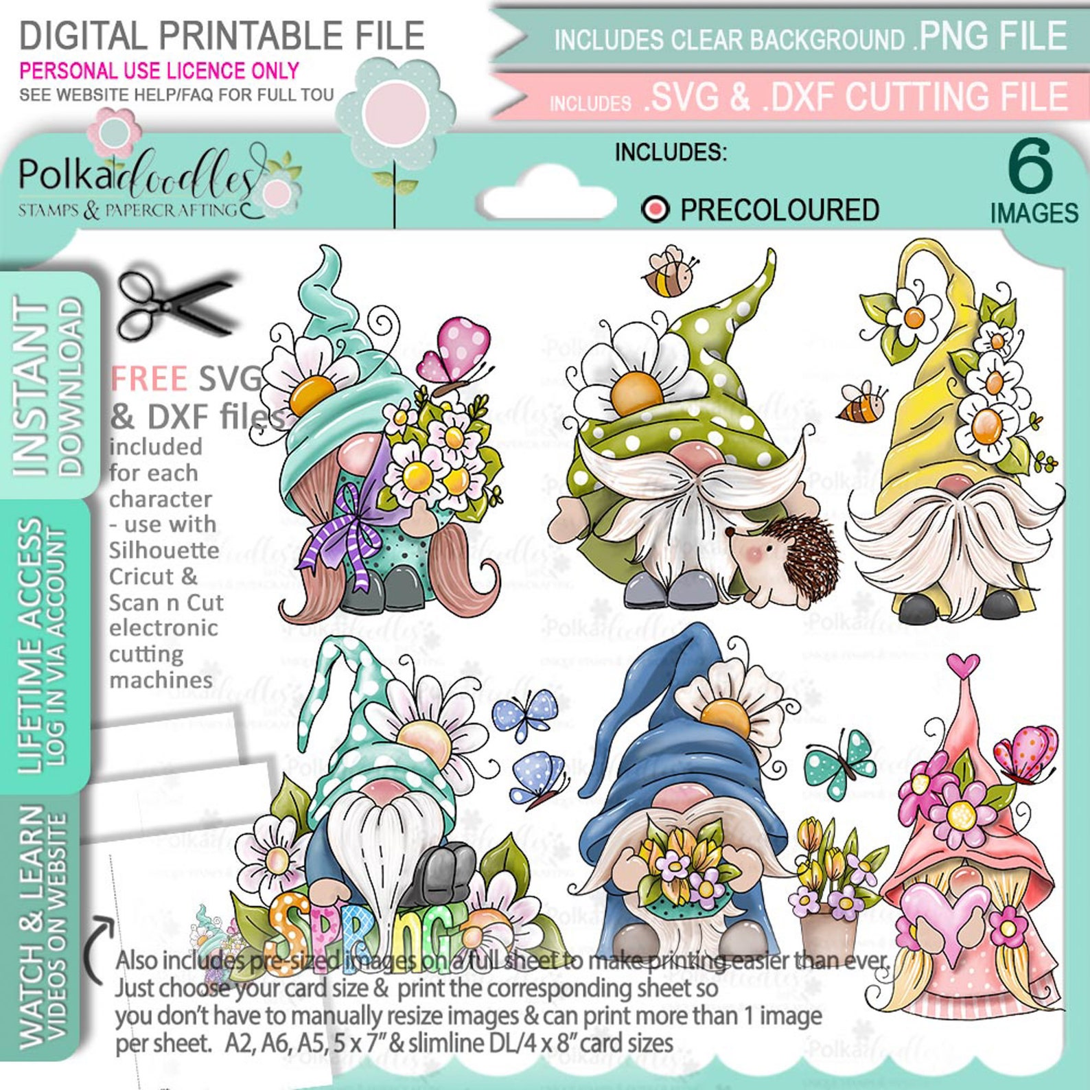 Spring Flower Gnome (colour) Value Bundle - 6 X Cute Digital Stamp ...