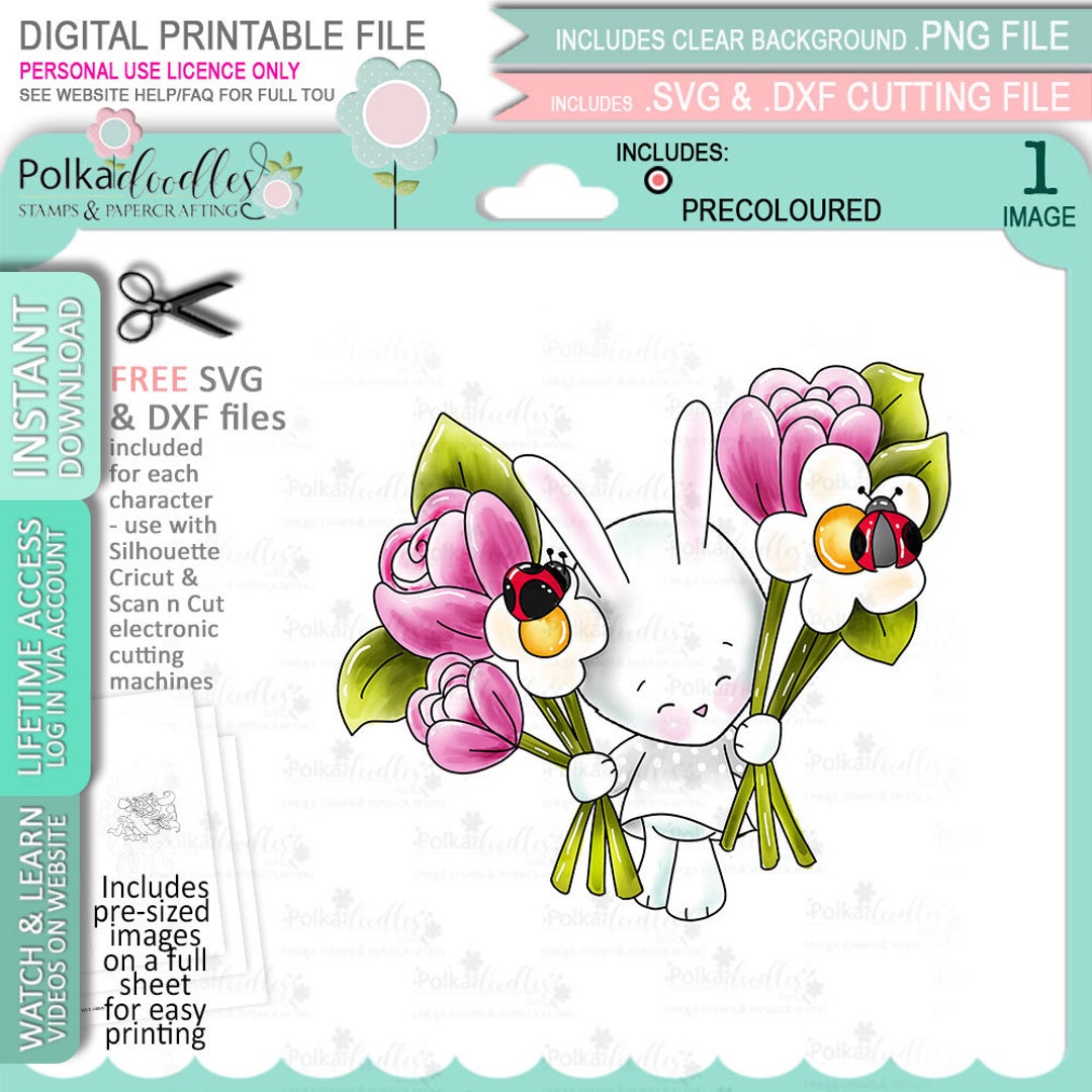 Bunny Rabbit Bunch of Flowers/bouquet - Pre Colored Cute Digital Stamp ...