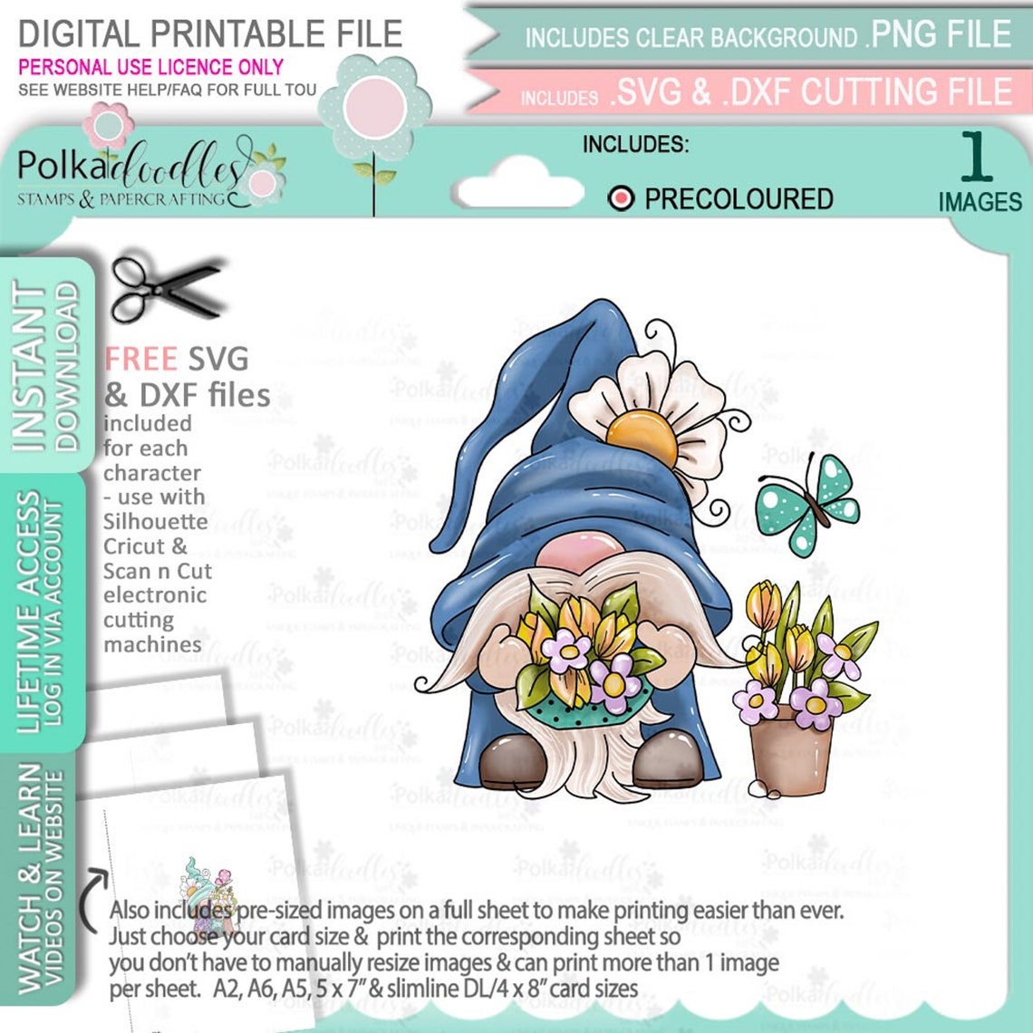 Spring Flower Gnome (colour) Value Bundle - 6 X Cute Digital Stamp ...