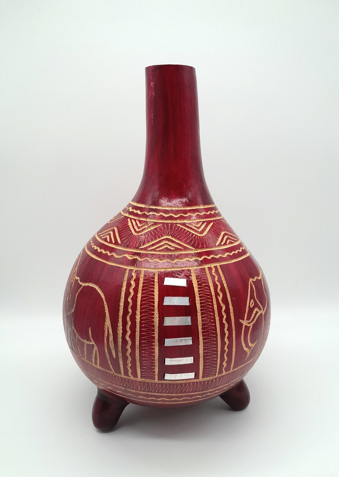 Large African Gourd Vase. Handcarved Animal Designs, Good for Home or ...